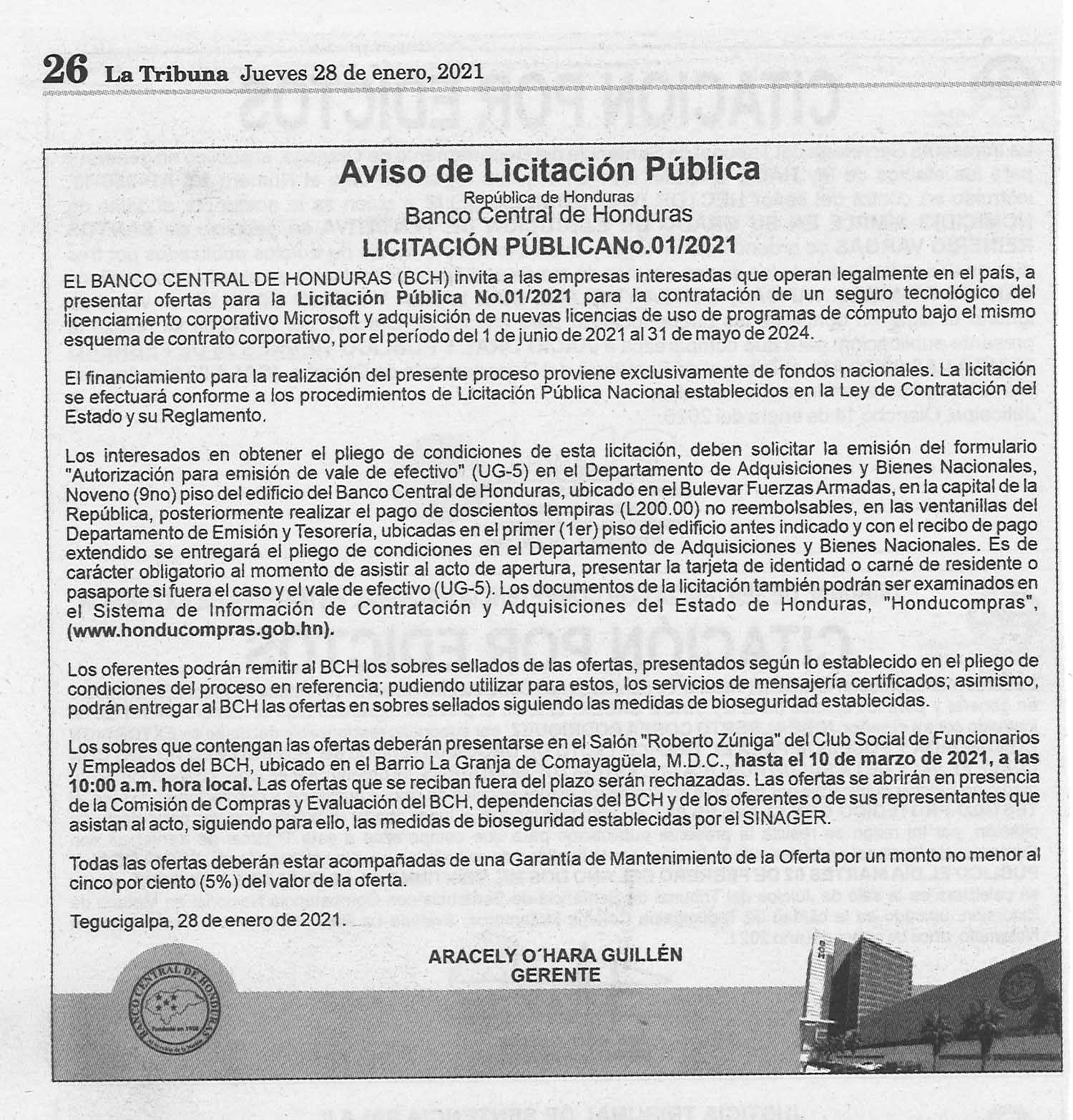 BANCO CENTRAL DE HONDURAS LICITACIÓN No.01/2021 – Hemeroteca – Virtual – TSC