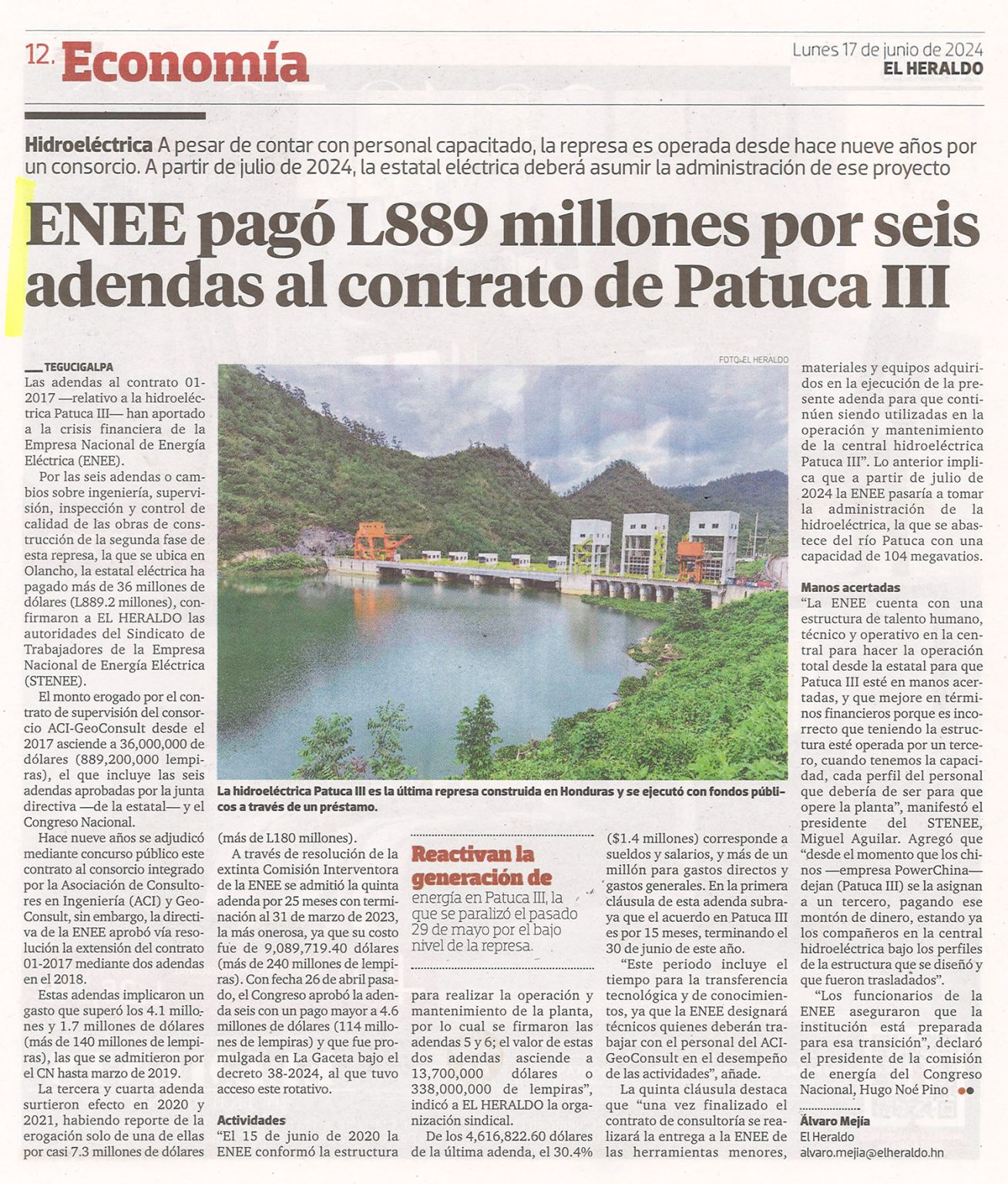 ENEE pagó L889 millones por seis adendas al contrato de Patuca III ...