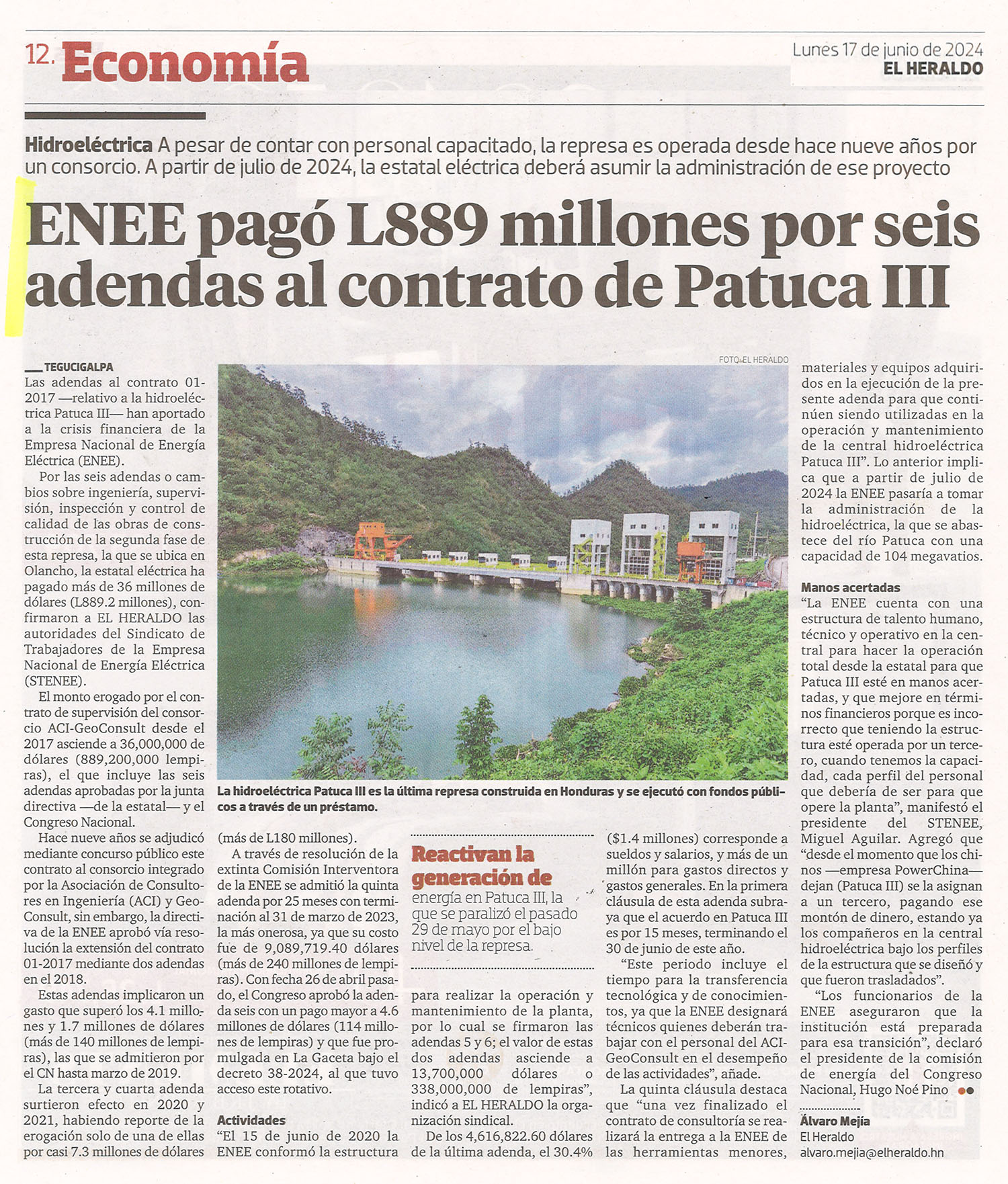 ENEE pagó L889 millones por seis adendas al contrato de Patuca III ...
