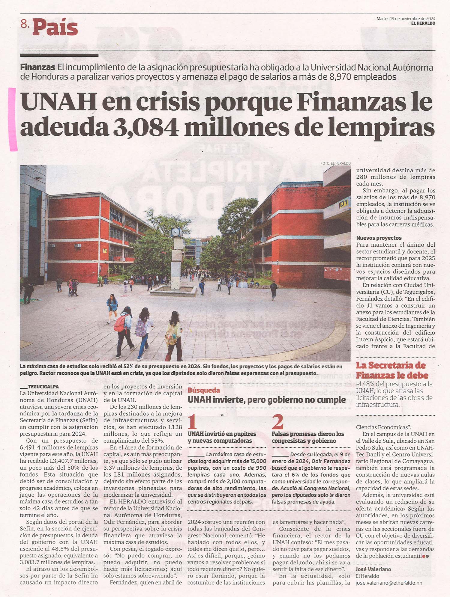 UNAH en crisis porque Finanzas le adeuda 3,084 millones de lempiras ...