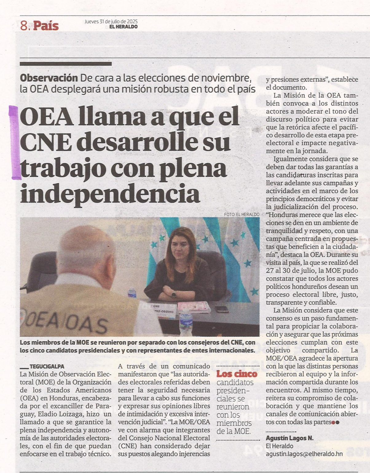 OEA llama a que el CNE desarrolle su trabajo con plena independencia ...